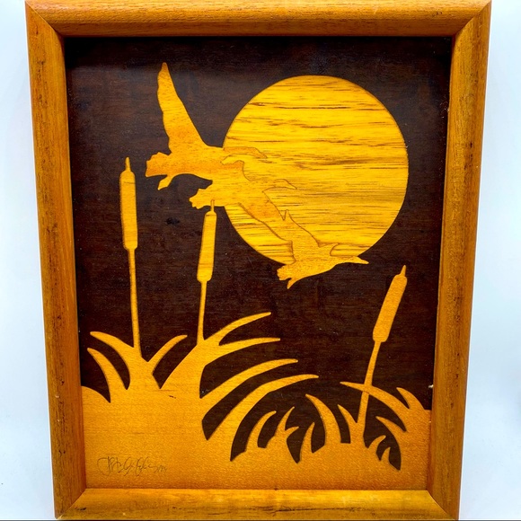 Hand Crafted | Art | Signed Wood Inlay Geese Cat Tail Moon Sun Lake ...